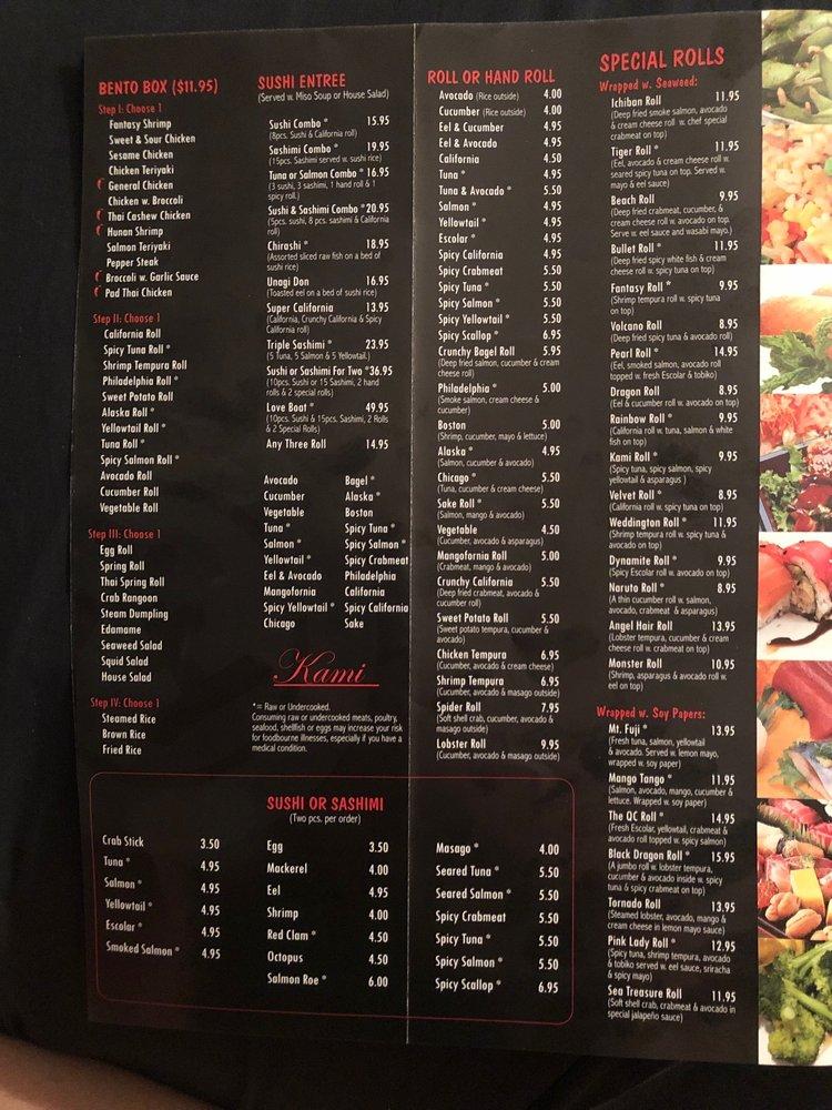 Menu at Kami Chinese Thai & Sushi restaurant, Wesley Chapel