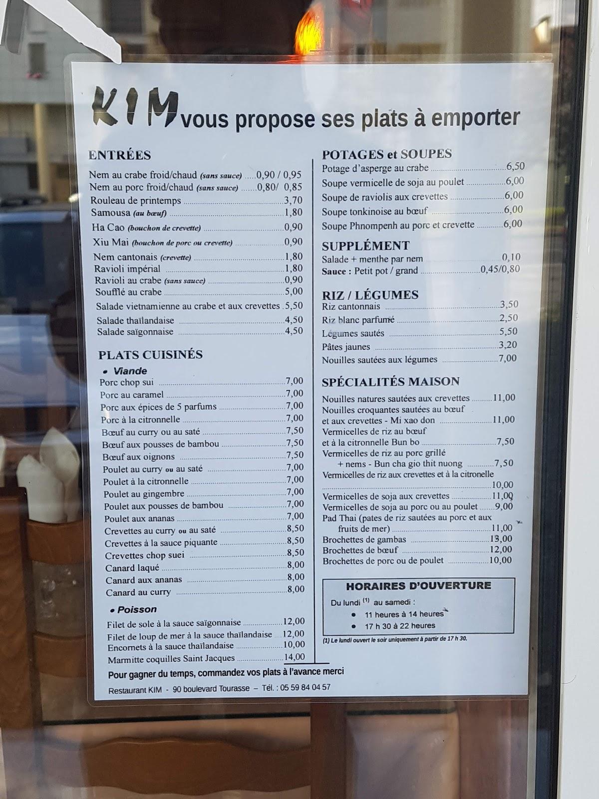 Menu au Restaurant Kim Pau, Pau