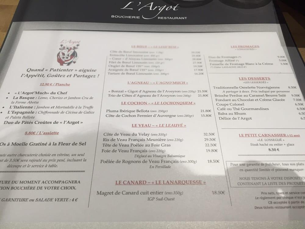 Menu au L'ARGOT Boucherie Restaurant, Lyon