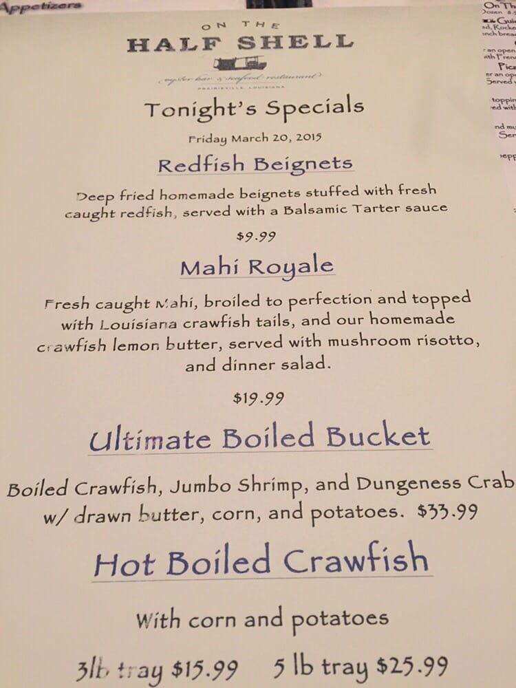 Menu at On The Half Shell pub & bar, Prairieville, Perkins Rd