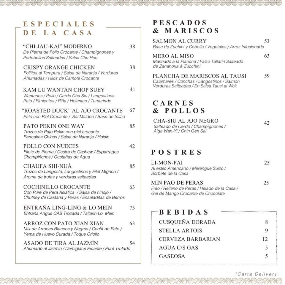 Carta del restaurante Shi-Nua, Lima