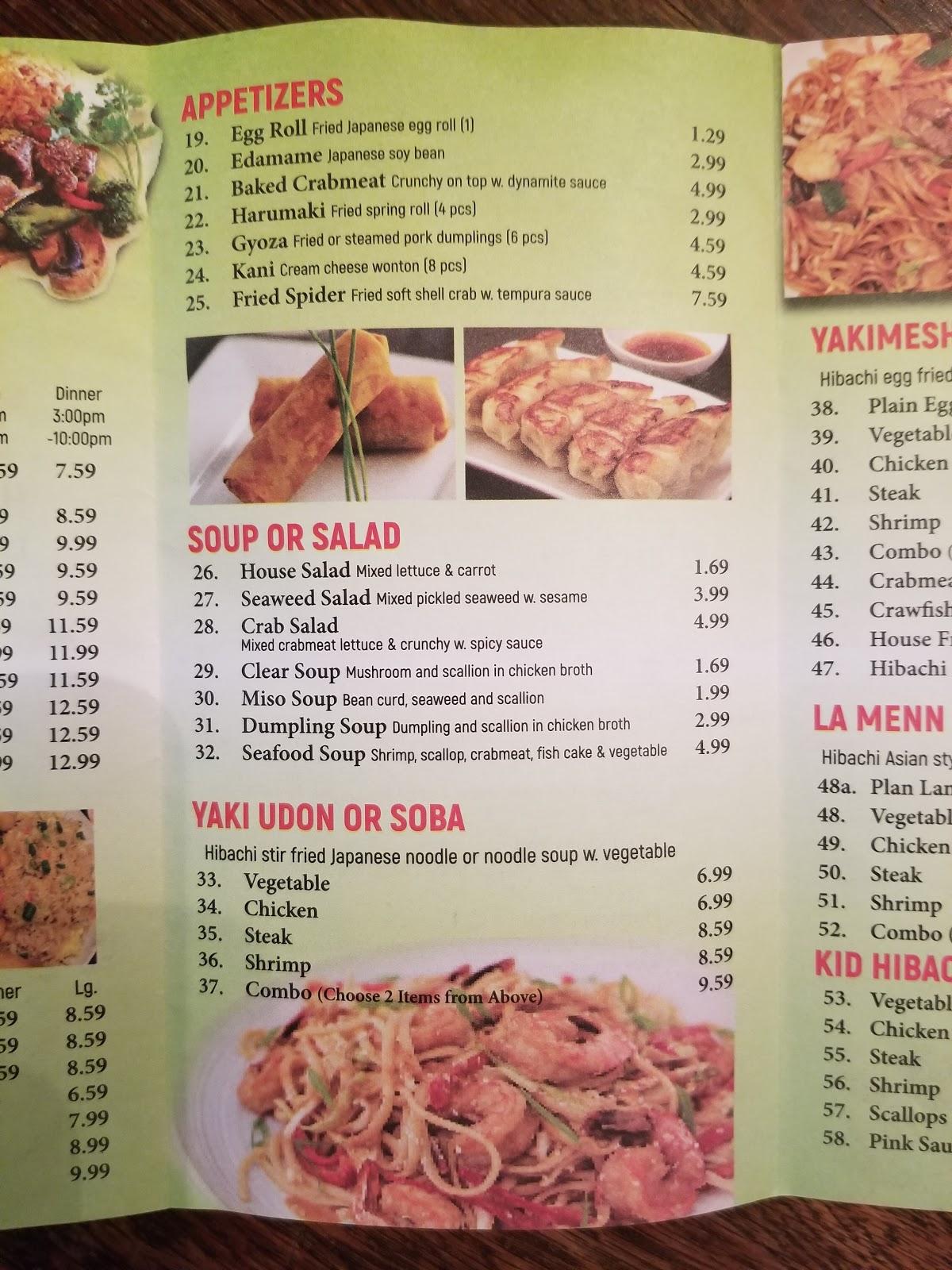 Menu at Takara Hibachi Express restaurant, Byram