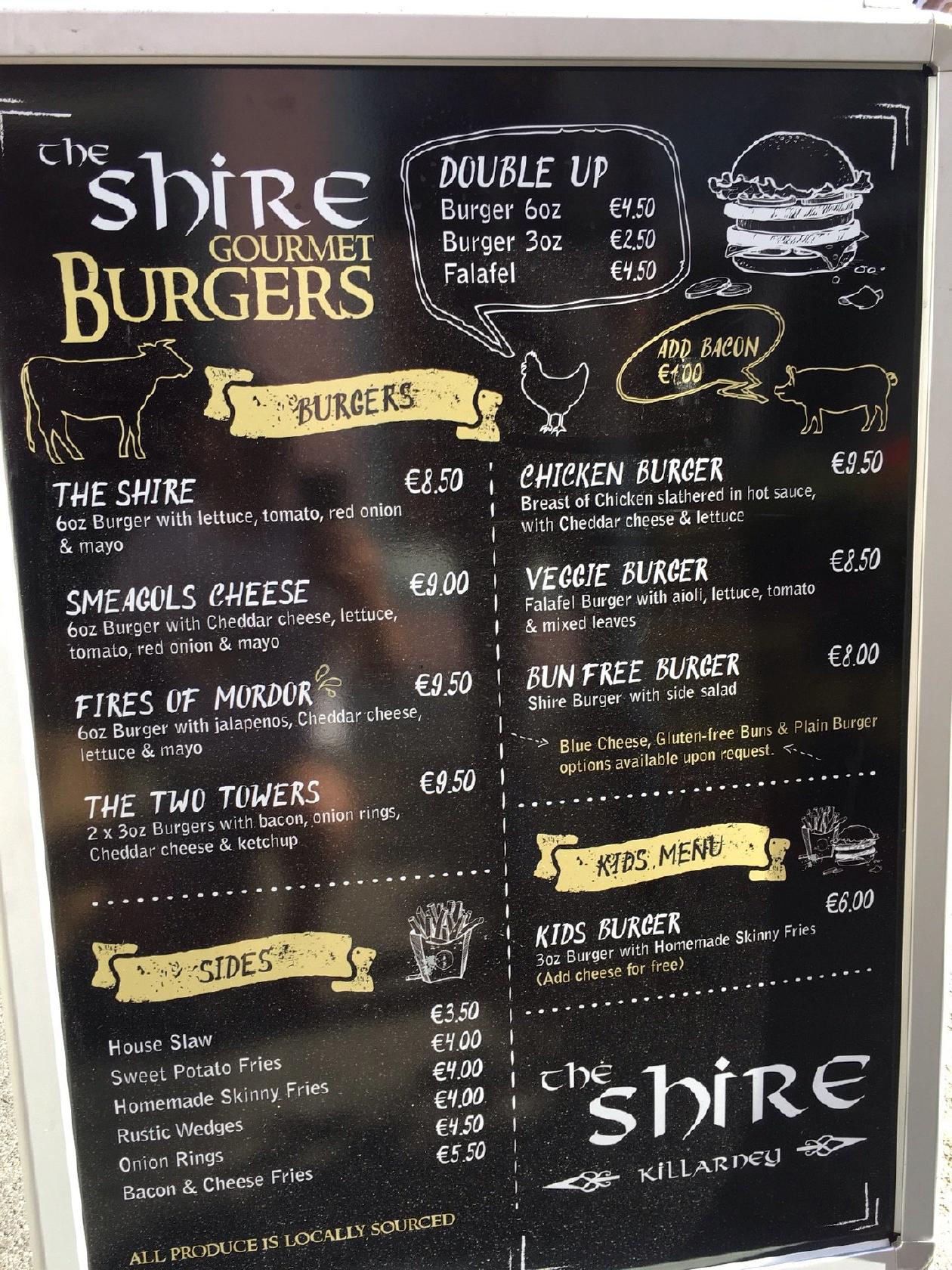 Menu at The Shire Bar & Cafe, Killarney