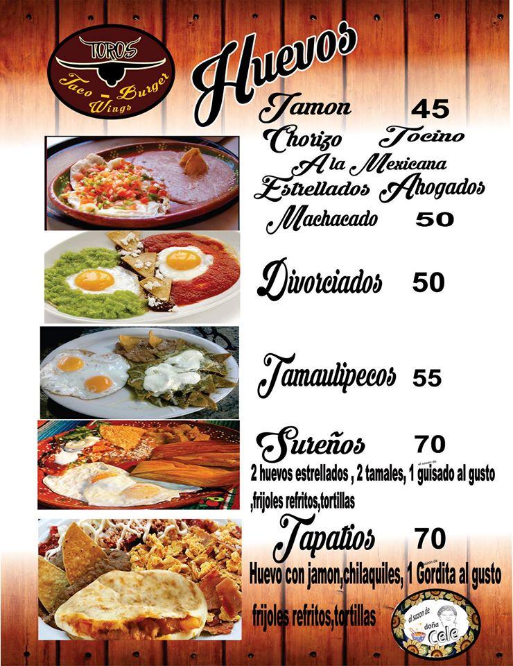 Menu at Toros's taco-burguer wings restaurant, Valle Hermoso