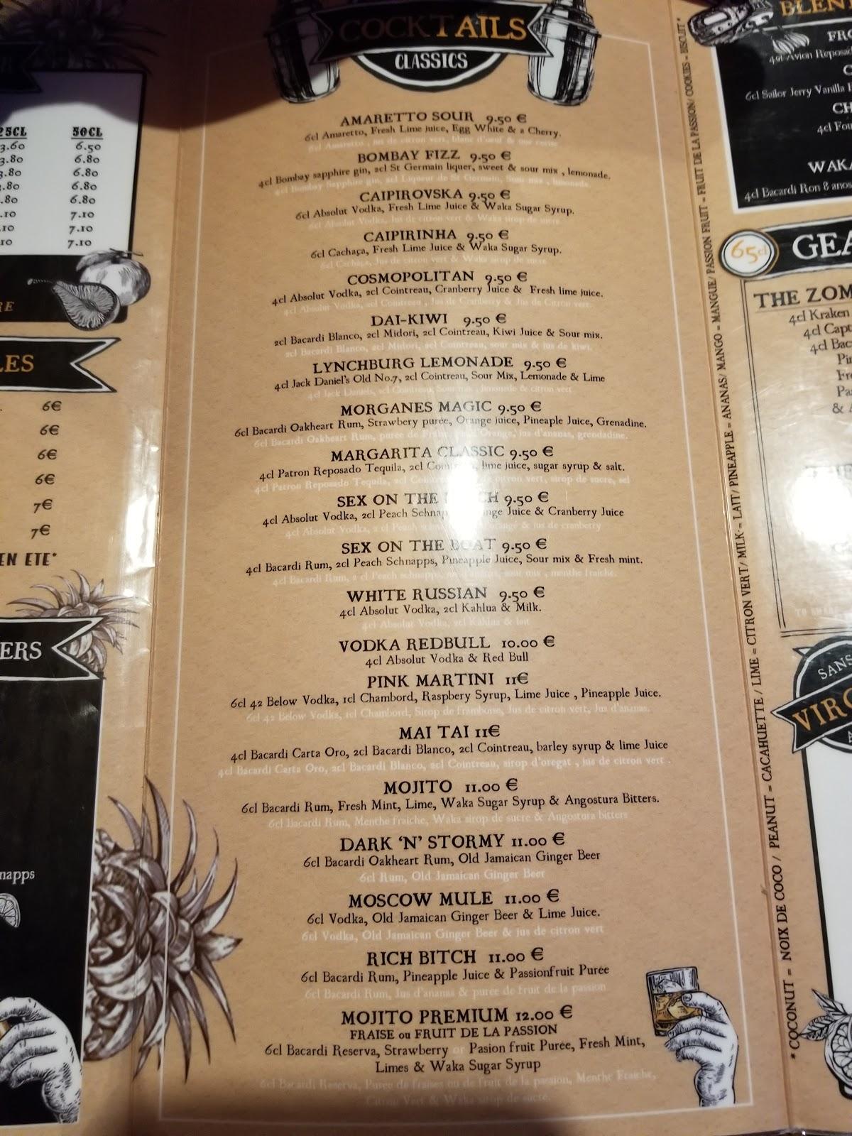 Menu at Waka Bar, Nice, 57 Quai des États-Unis