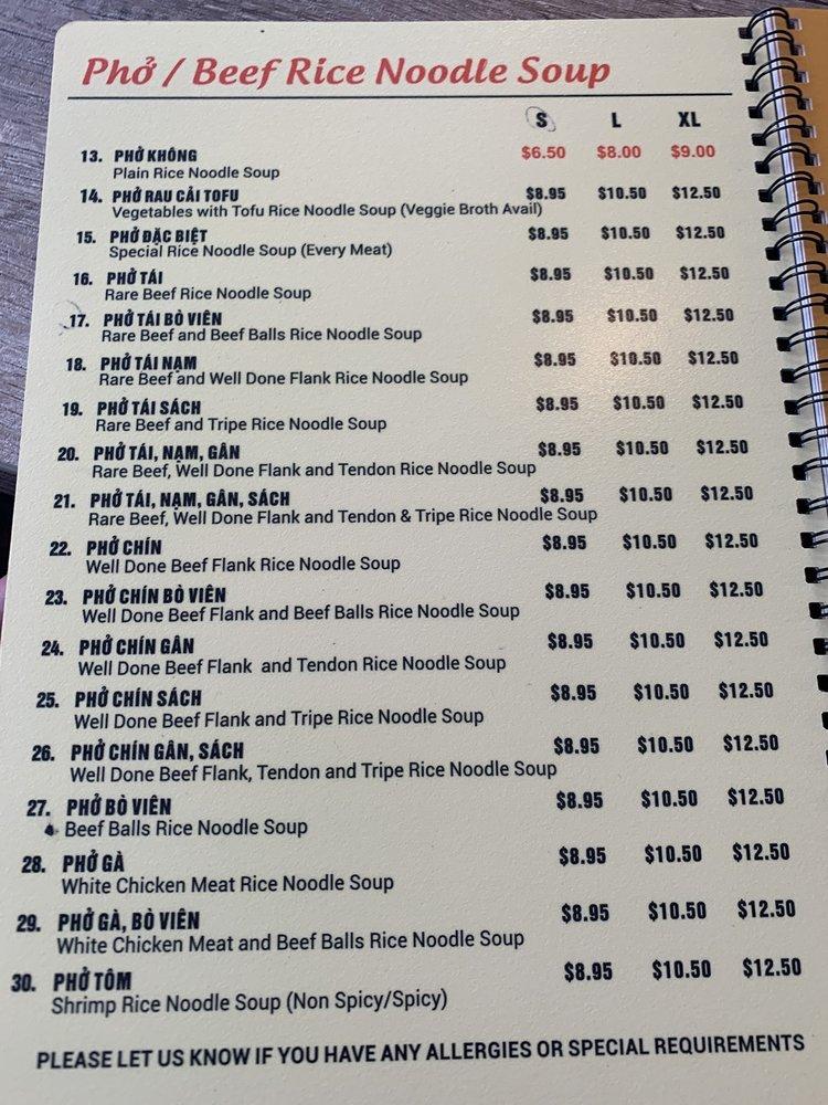 Menu at Pho Anh Vu restaurant, Toronto, Dufferin St
