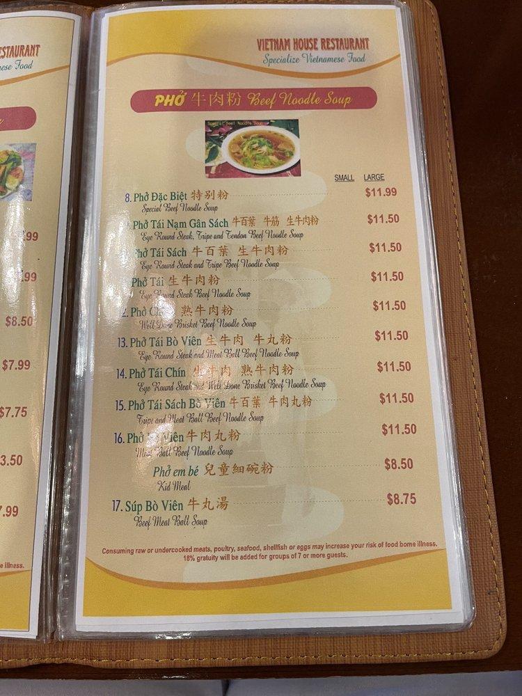Menu at Vietnam House restaurant, Tukwila