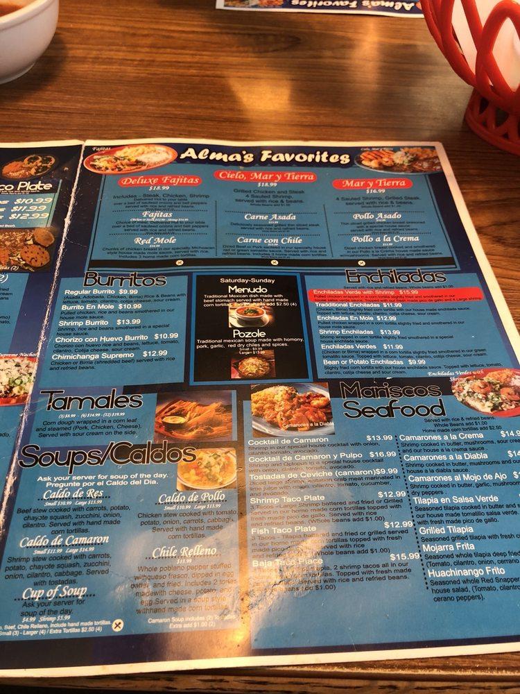 Menu at Alma's Mexican Kitchen restaurant, Wenatchee