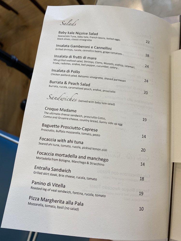 Carta del restaurante Bianca, Culver City