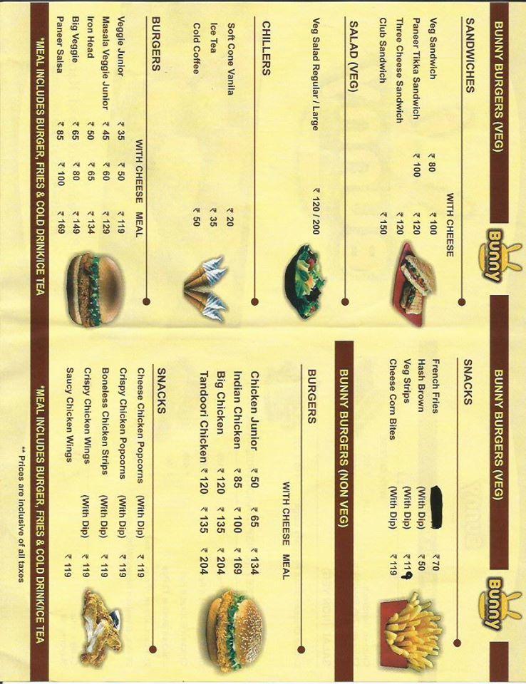 Menu at Bunny Burgers, Karnal
