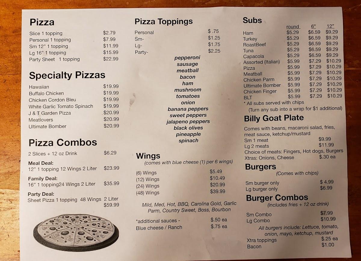 Menu at J&T's Pizza Corner restaurant, Piffard