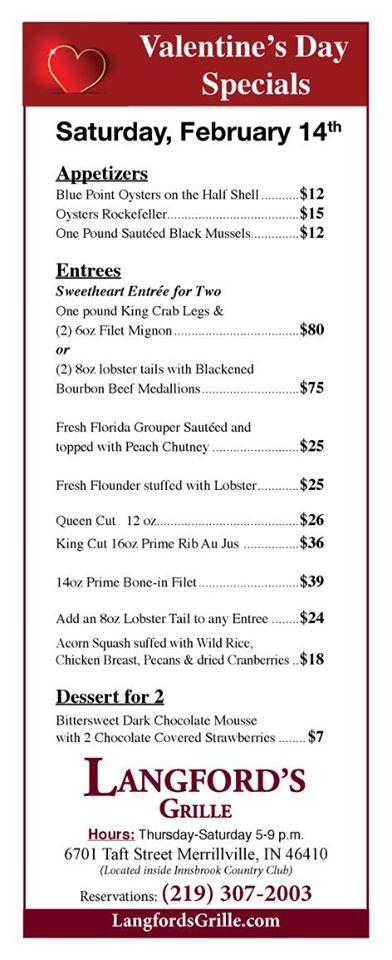 Menu at Langford’s Grill steakhouse, Merrillville