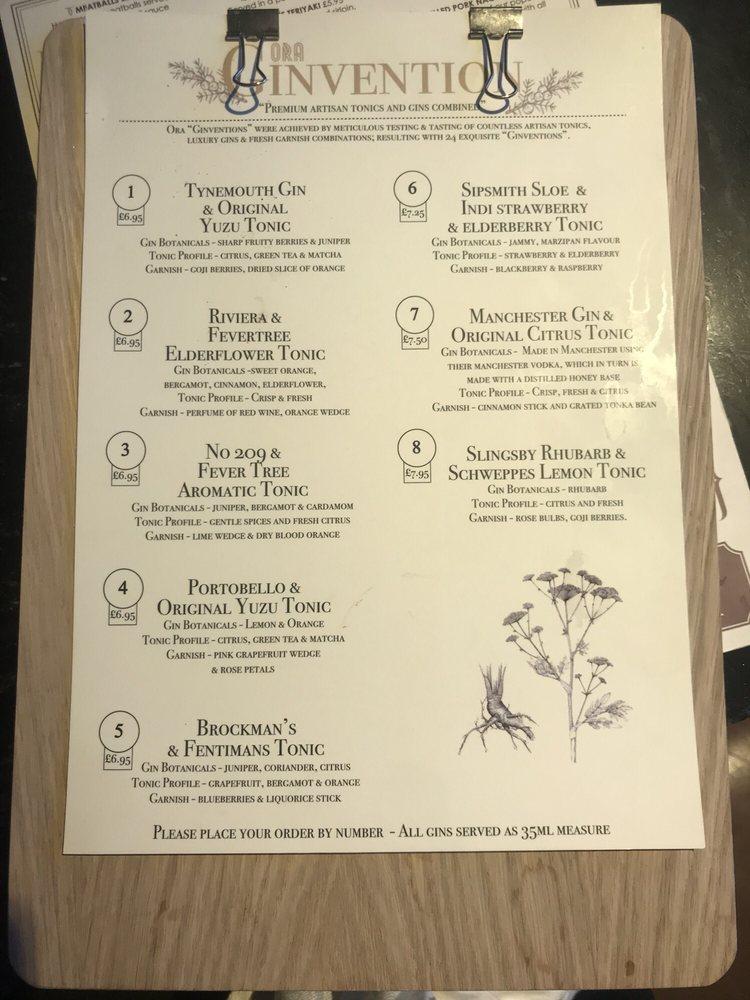 Menu at Ora restaurant, Tynemouth