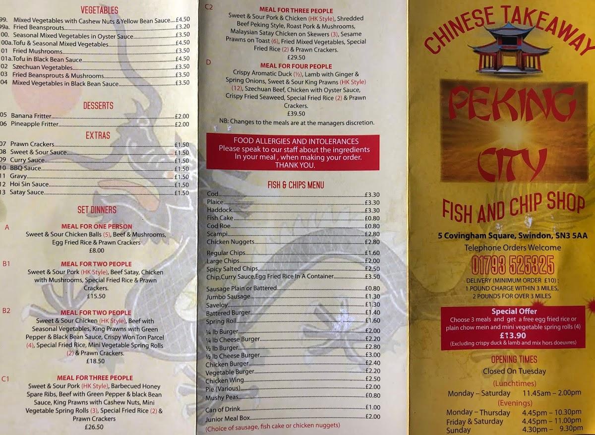 Menu at Peking City fast food, Swindon