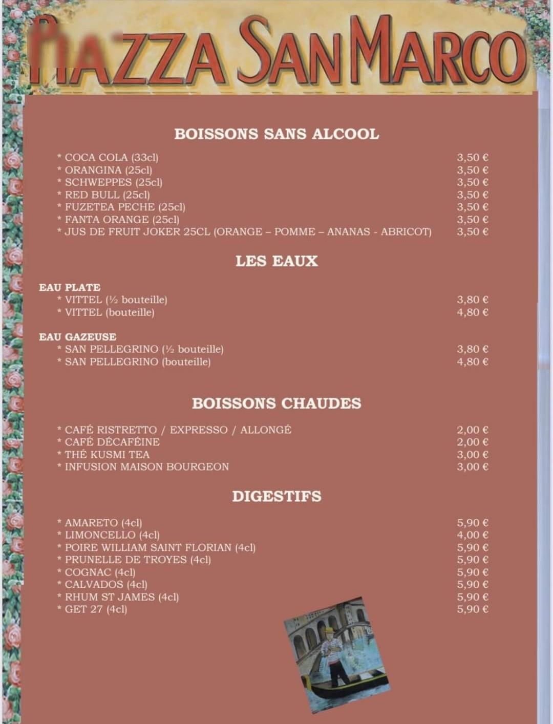 Menu au Piazza San Marco restaurant, Romilly-sur-Seine