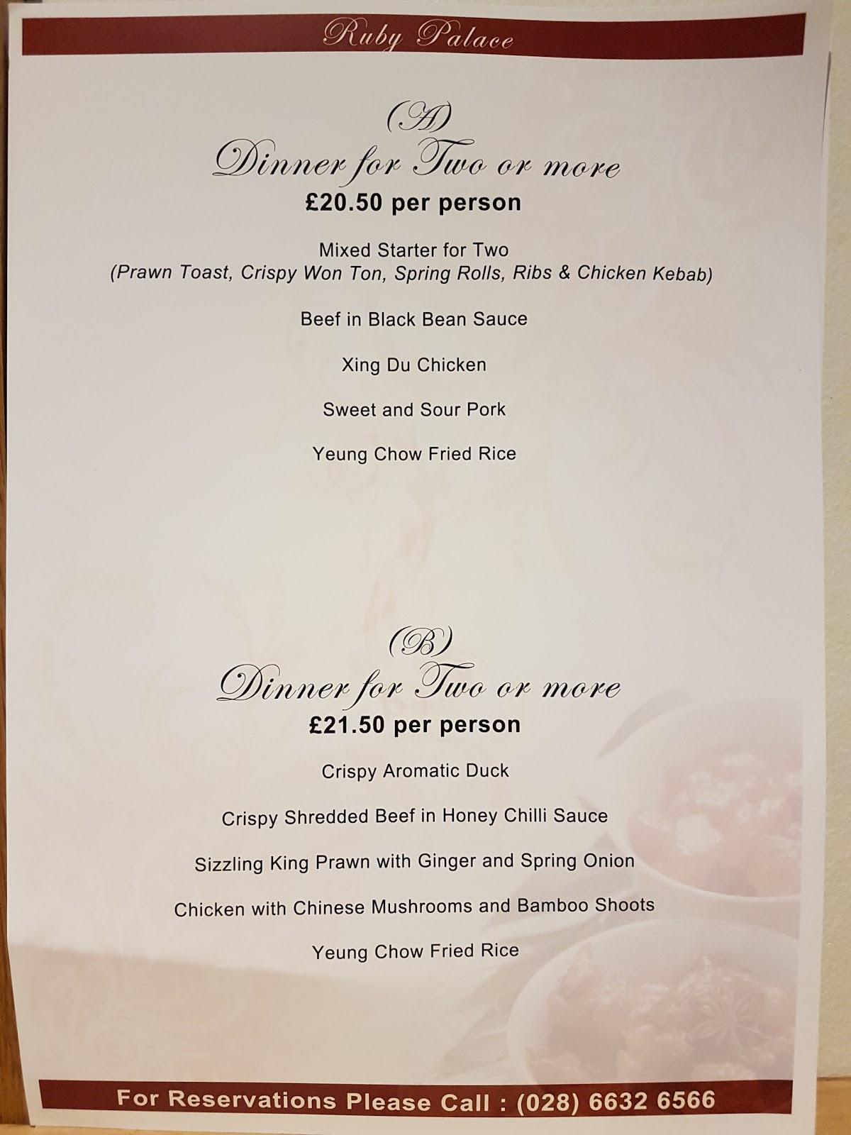 Menu at Ruby Palace restaurant, Enniskillen