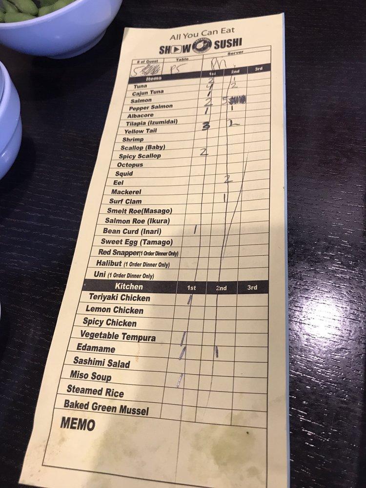 Menu at Show Sushi restaurant, San Dimas