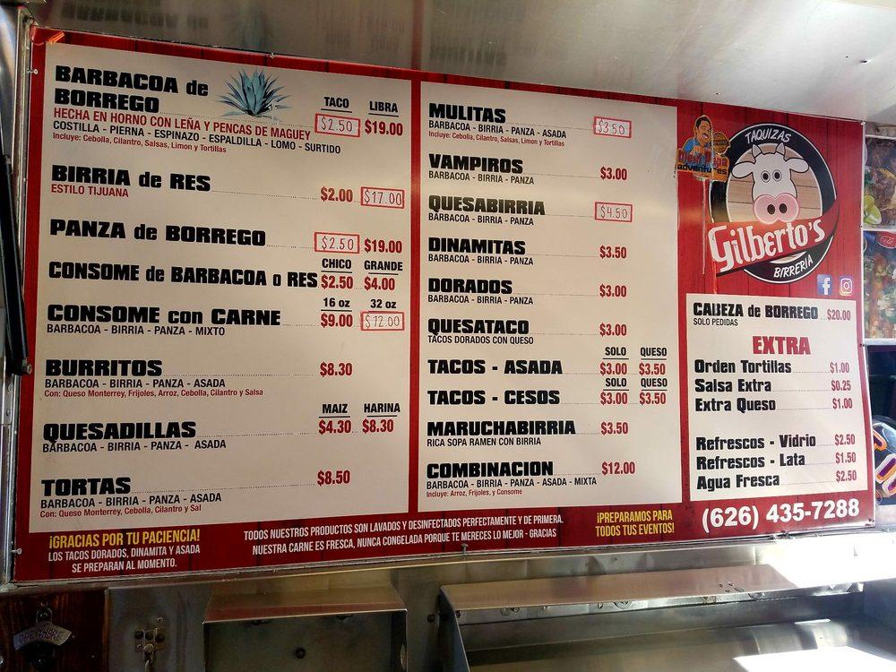 Menu at Taquizas Gilberto restaurant, La Puente, Francisquito Ave