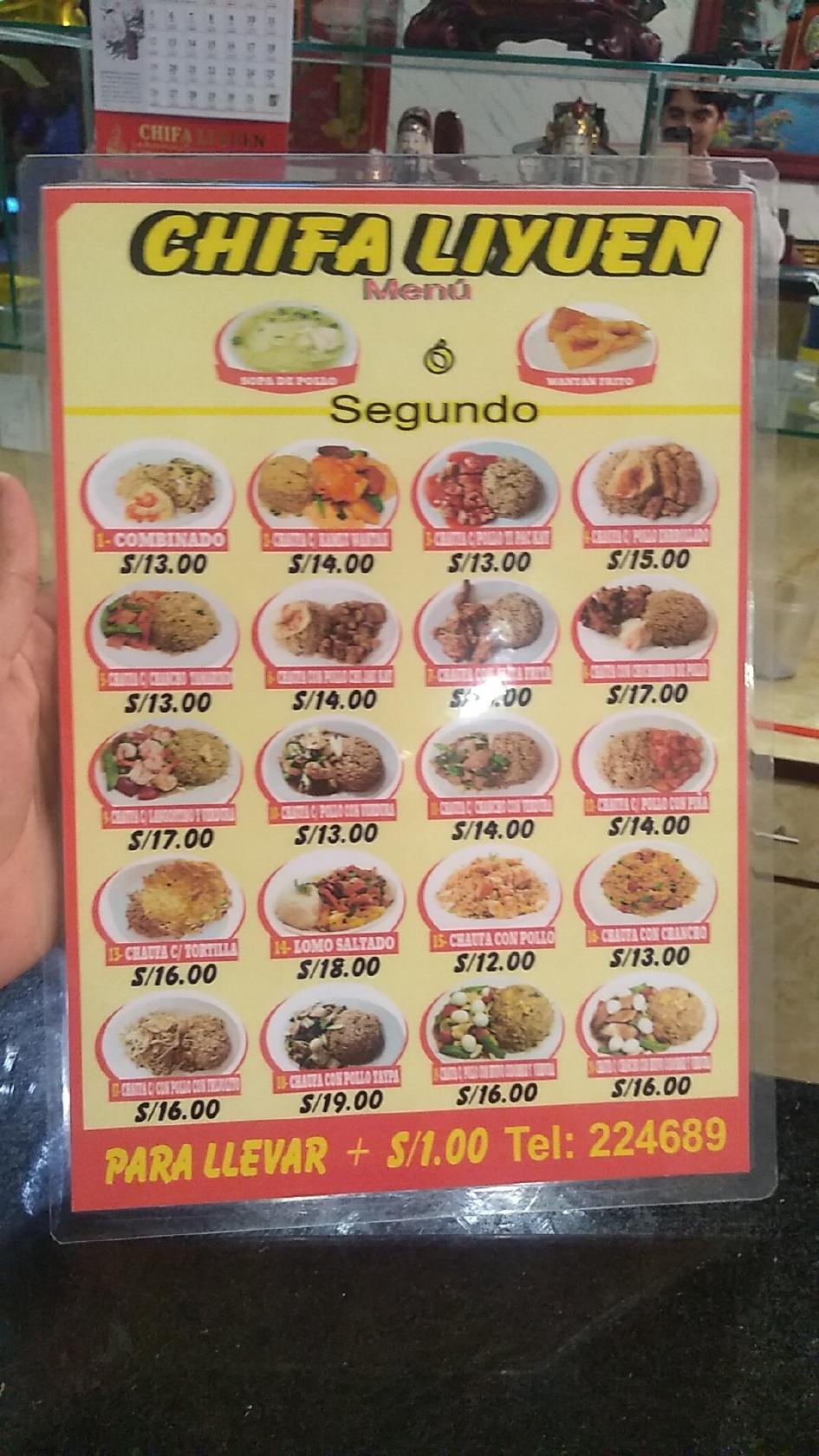 Menu at Chifa Li Yuen restaurant, Ica