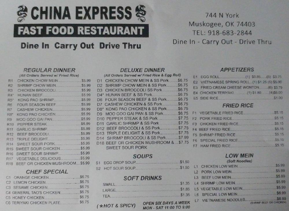 Menu at China Express restaurant, Muskogee