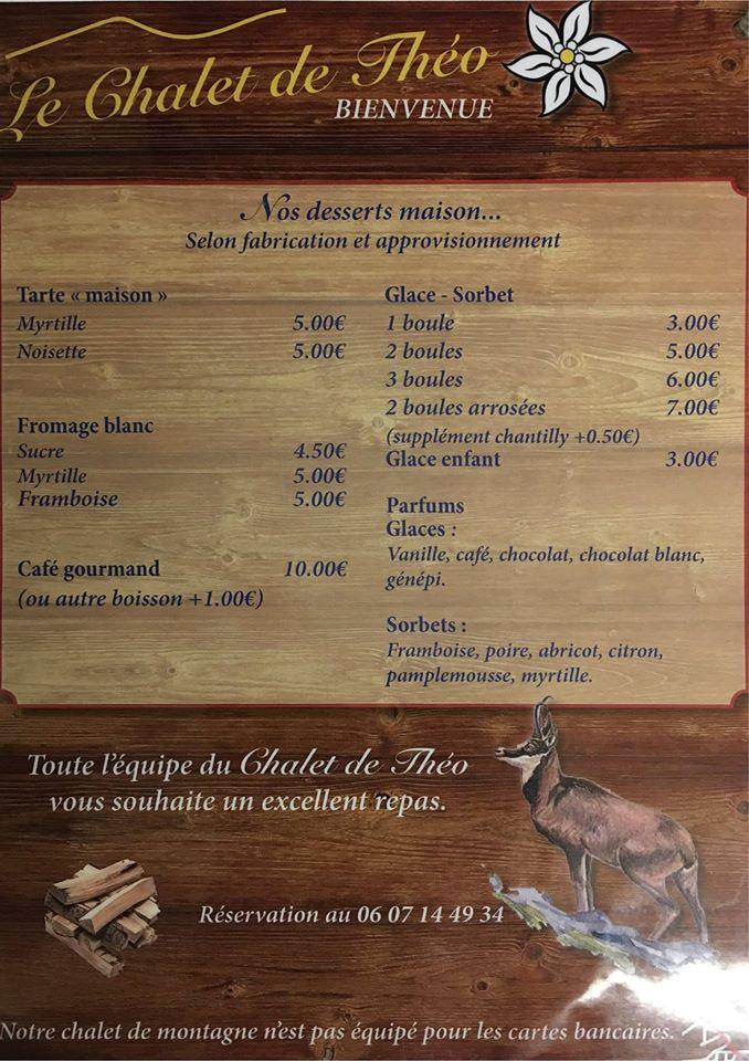 Menu au Chalet de Théo restaurant, Châtel, Rte du Petit Châtel