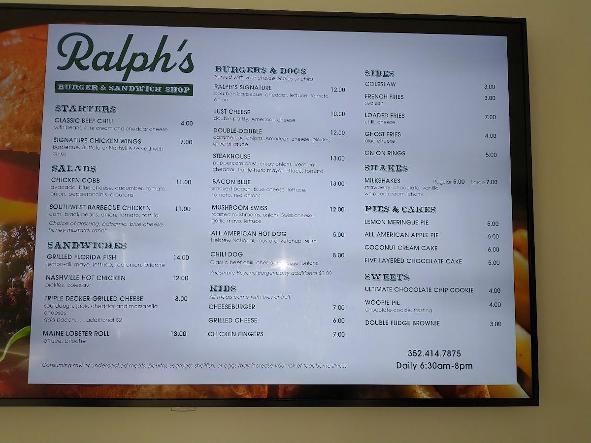Menu at Ralph’s Burger & Sandwich Shop restaurant, Ocala