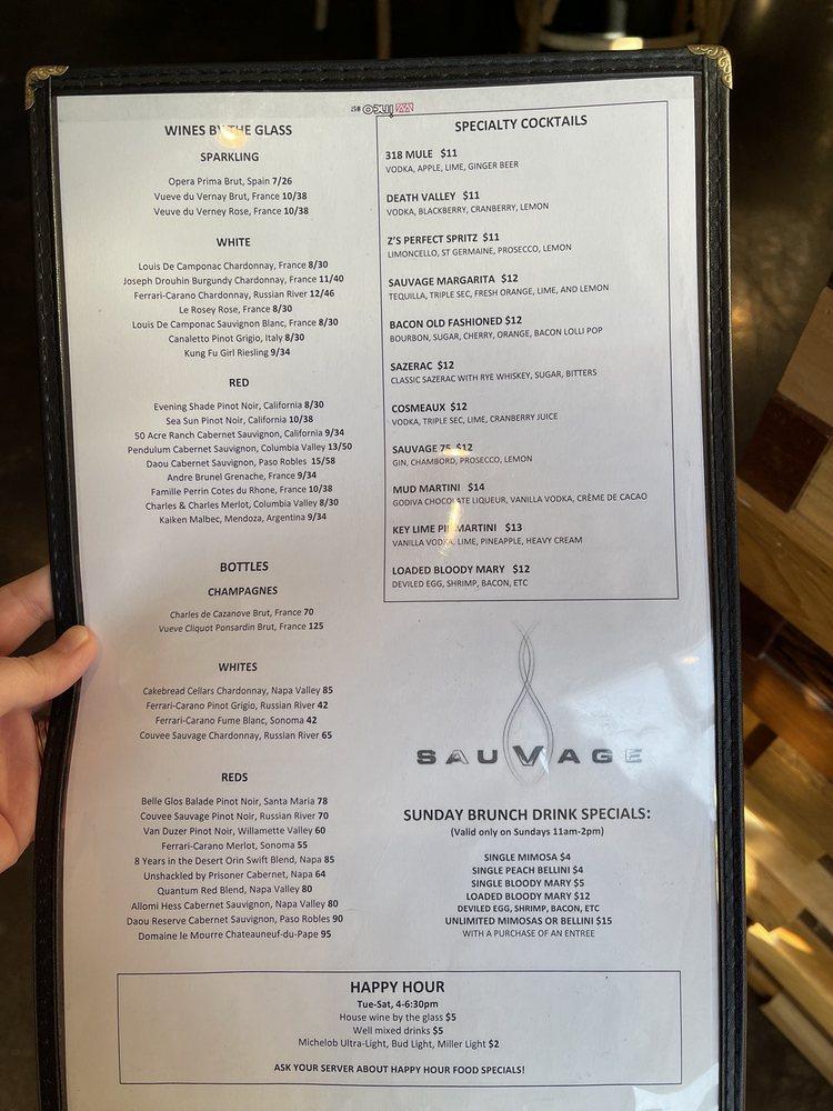 Menu at Sauvage pub & bar, Shreveport