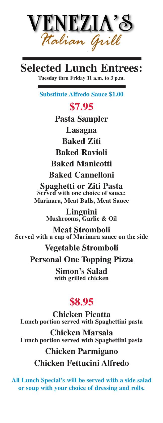 Menu at Venezia's Italian Grill restaurant, Searcy