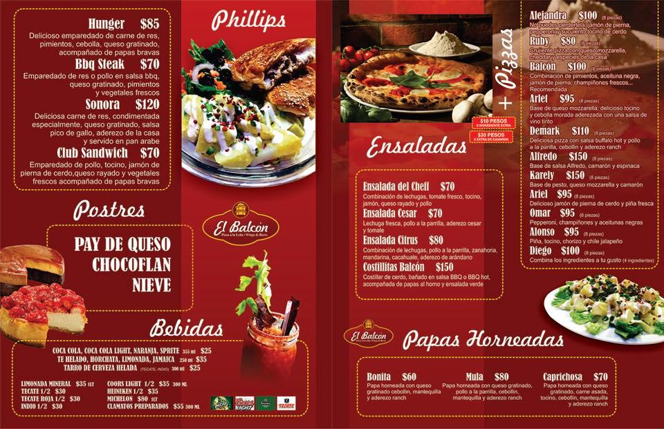 Carta de pizzería El Balcón. Pizzas a la leña, Heroica Nogales