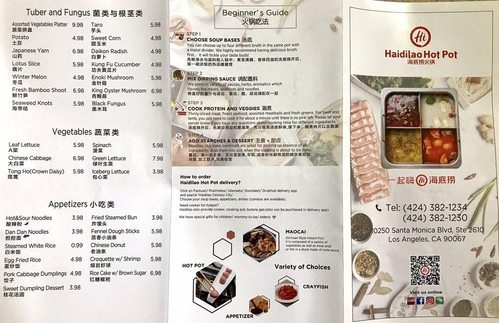Carta del restaurante Haidilao Hot Pot Century City, Los Angeles
