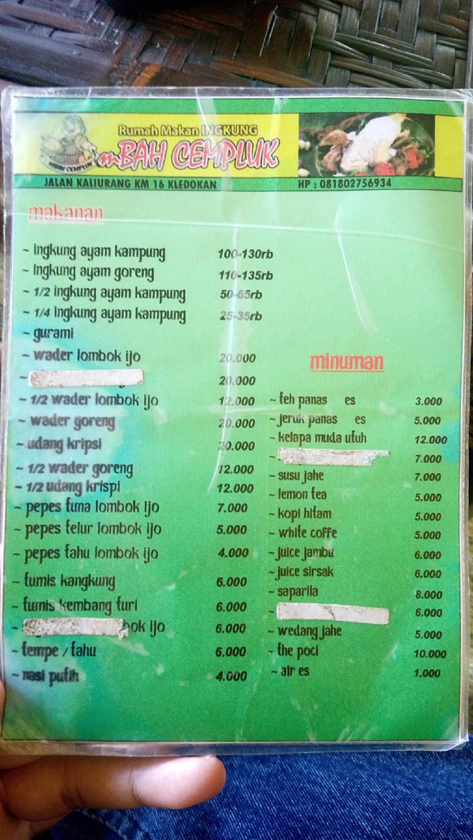 Carta del restaurante Ingkung Ayam Mbah Cempluk, Sariharjo