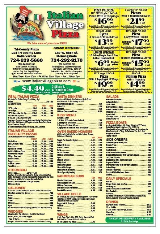 Menu at Italian Village Pizza pizzeria, Monongahela, 169 W Main St