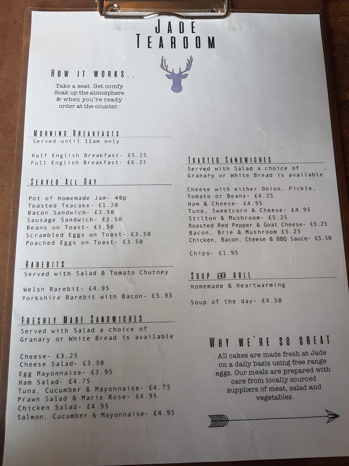 Menu at Jade Tea Rooms cafe, Leicester