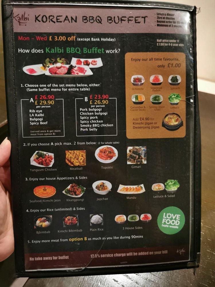 Menu at Kalbi Korean BBQ, London, 1-2 Rosebery Ave