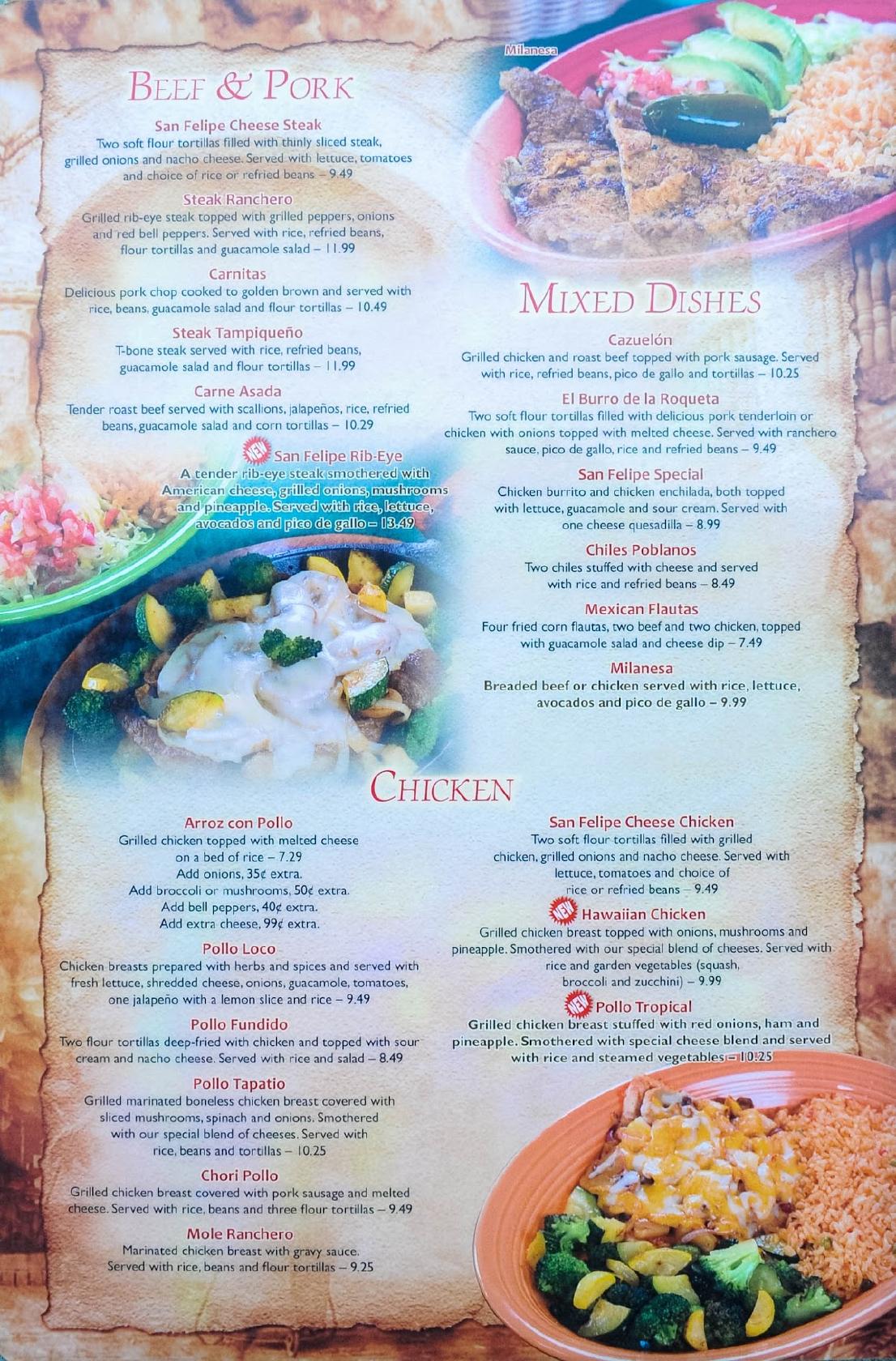 Menu at San Felipe Mexican Restaurant, Siler City
