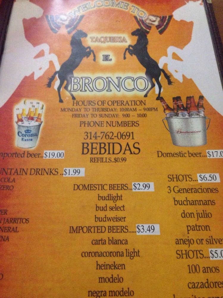 Menu at Taqueria El Bronco restaurant, St. Louis