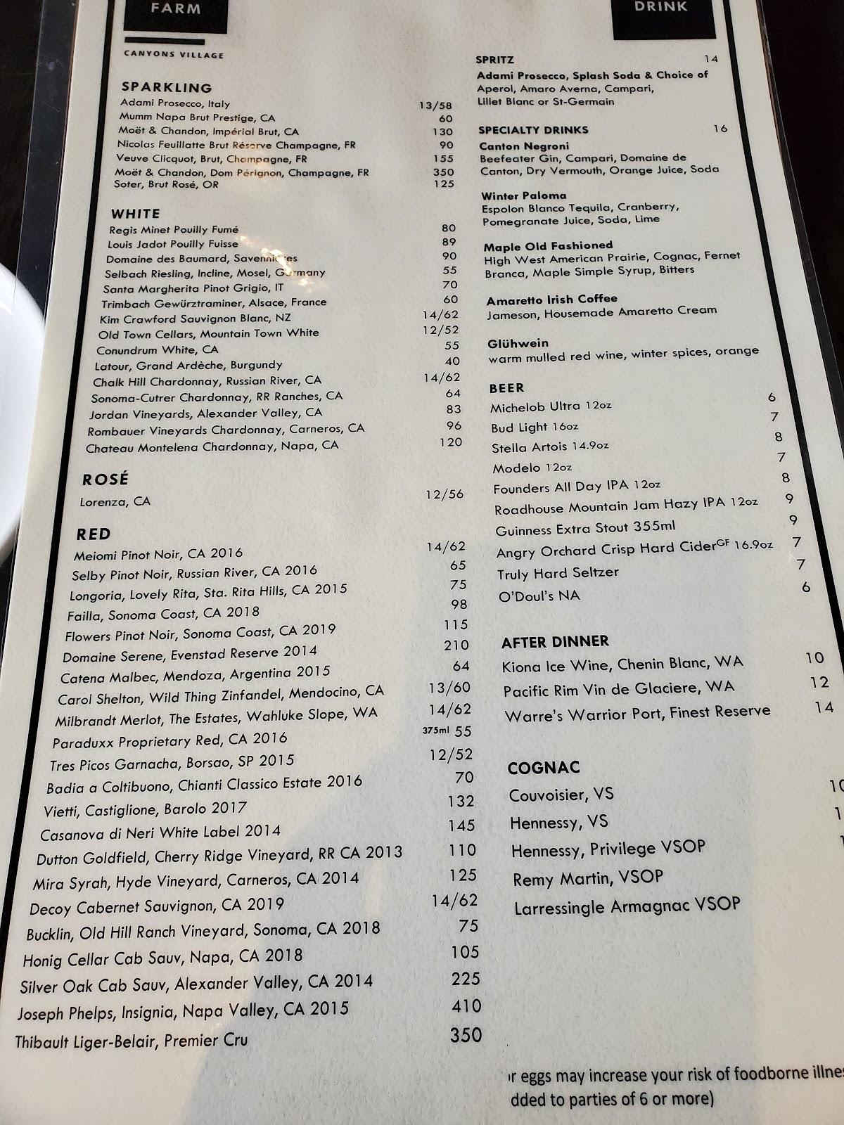 Menu at The Farm Restaurant, Park City