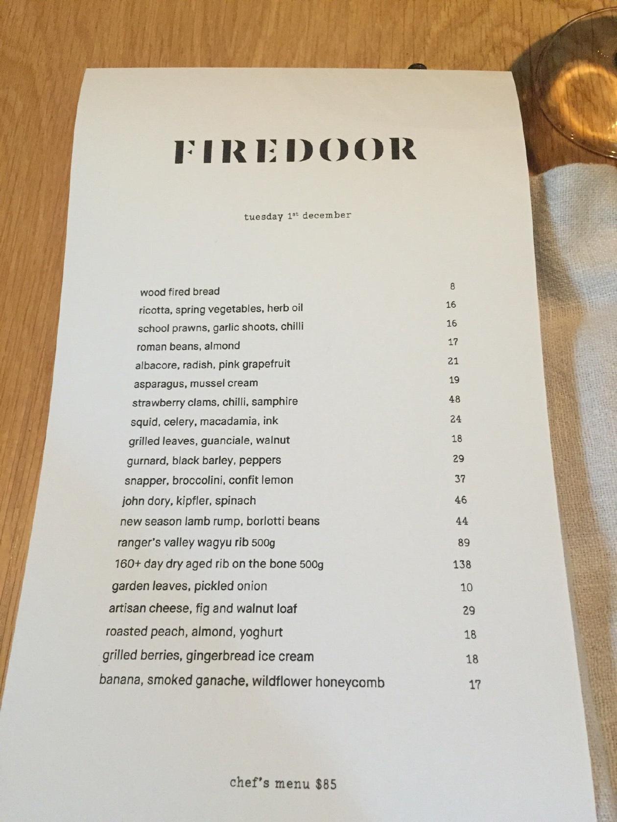 Menu at Firedoor Restaurant, Surry Hills