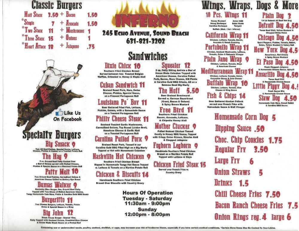 Menu at Inferno The Restaurant, Sound Beach