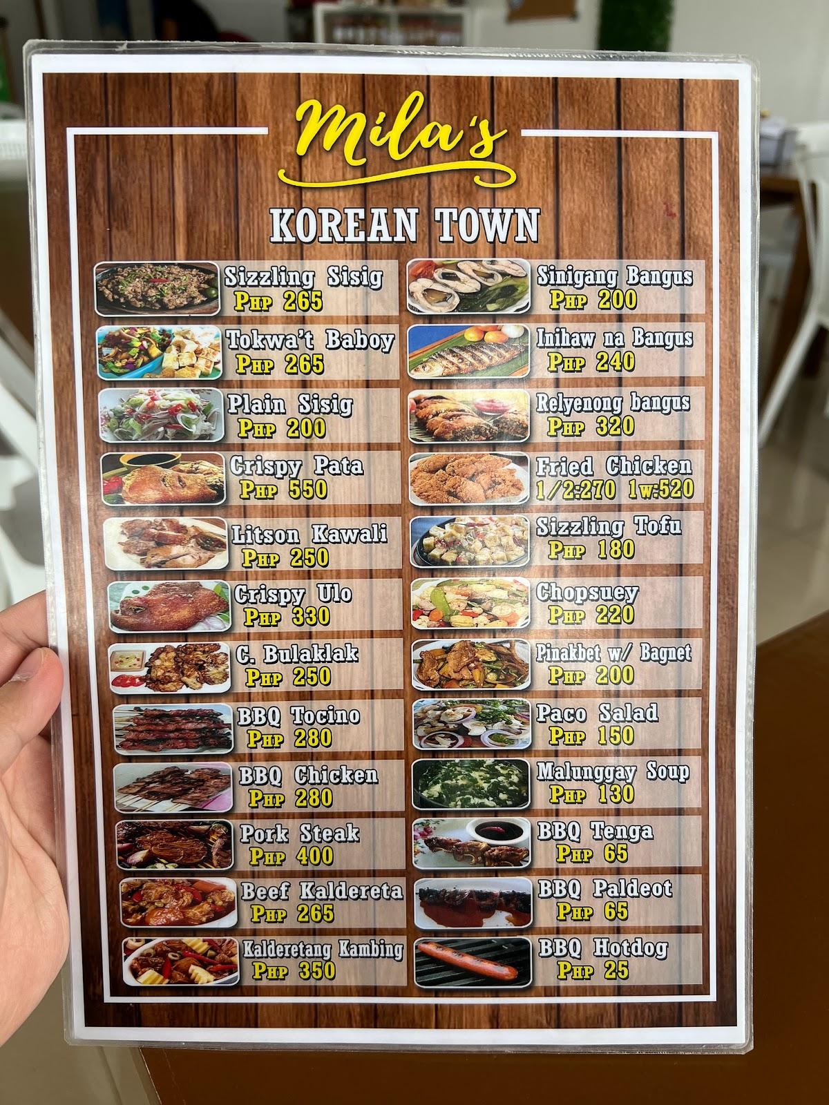 Menu at Mila's Tokwa't Baboy - Korean Town restaurant, Angeles