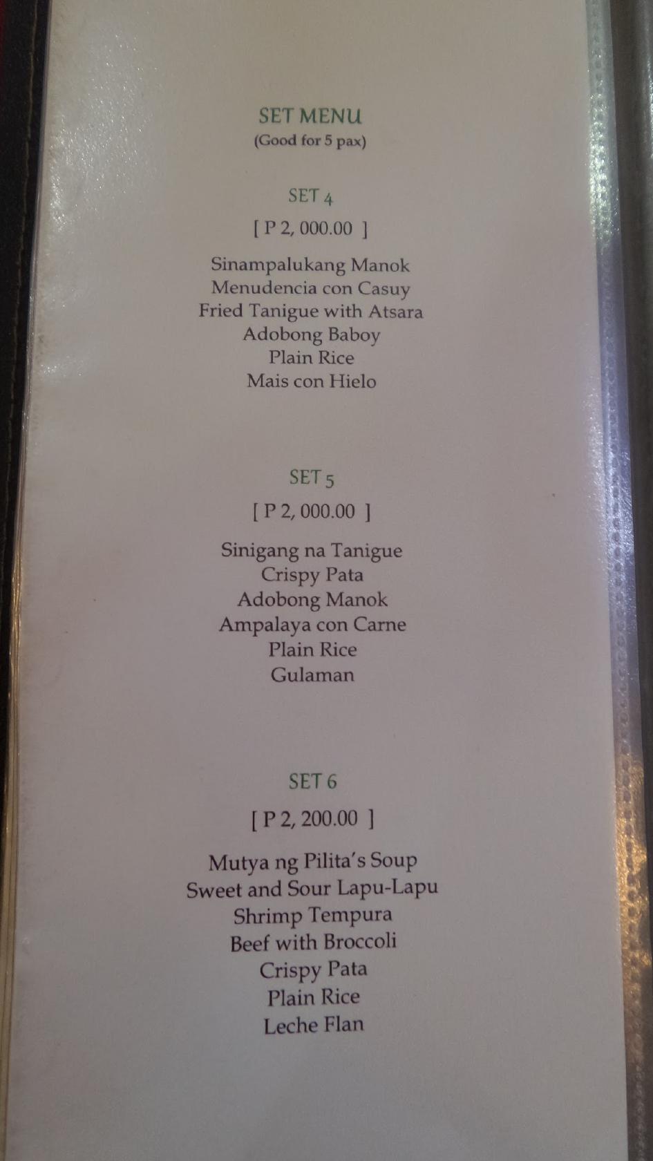 Menu at Pilita's Restaurant, Tanza