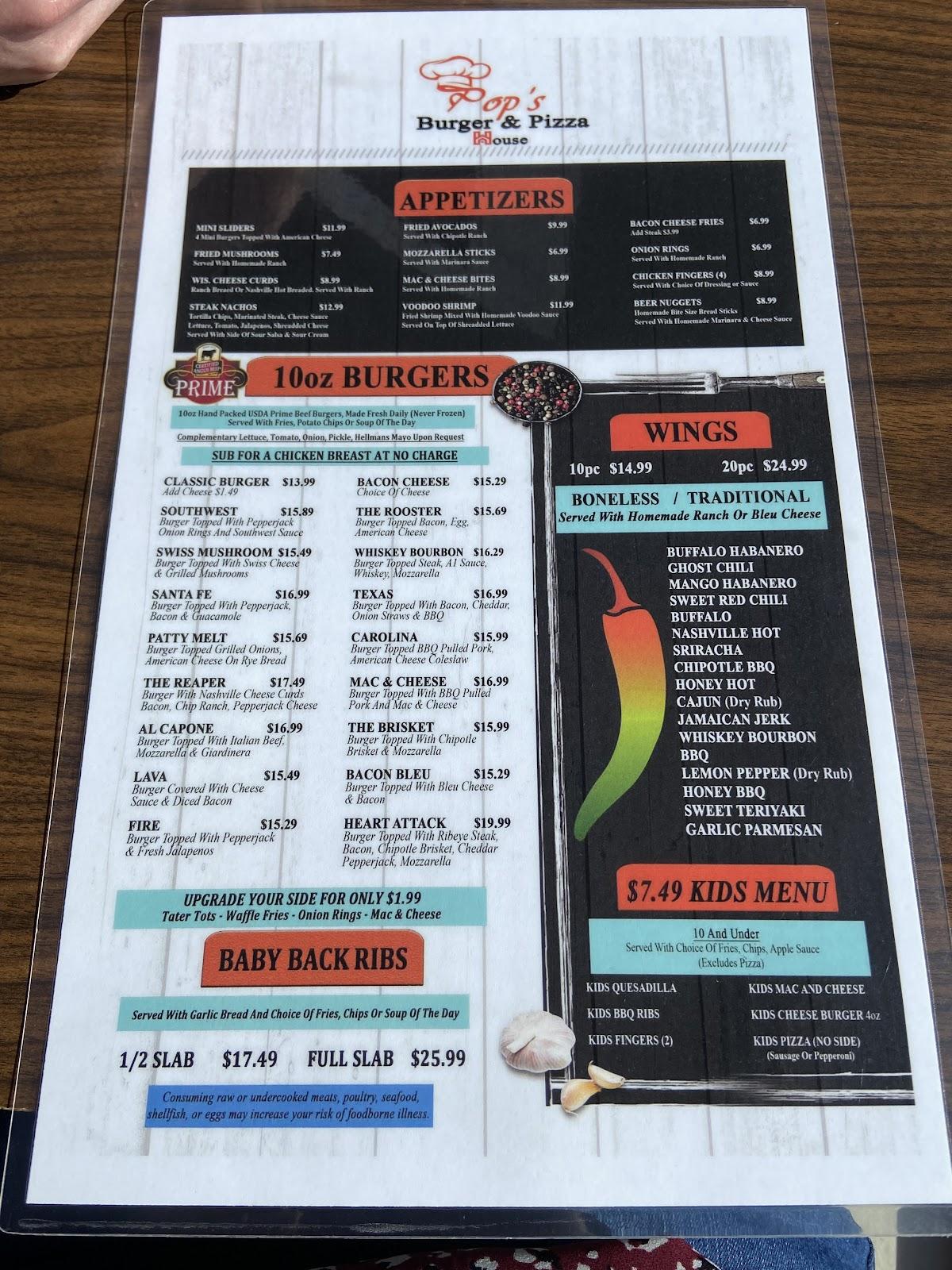 Menu at Pop's Burger & Pizza House pizzeria, Sheboygan