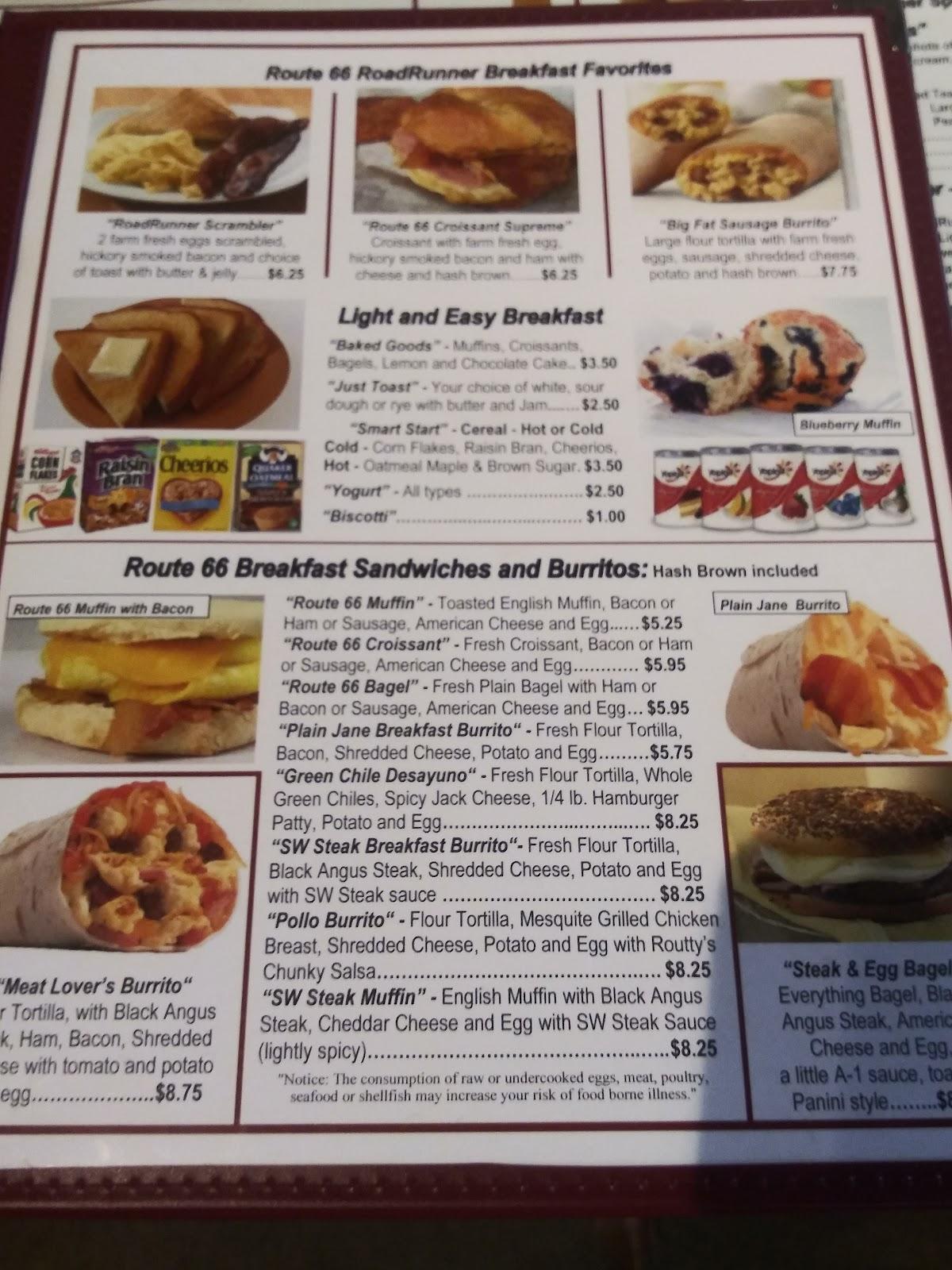 Menu at Route 66 RoadRunner cafe, Seligman