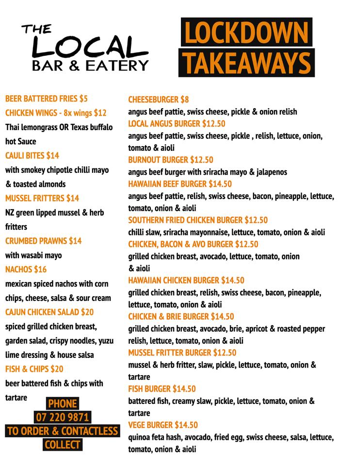 Menu at The Local Bar & Eatery, Omokoroa