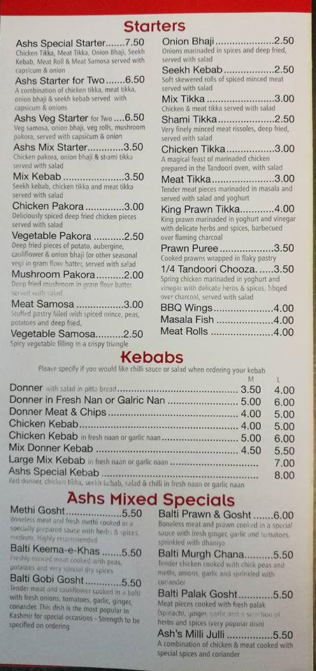 Menu at Ash's Balti Restaurant, Pontefract