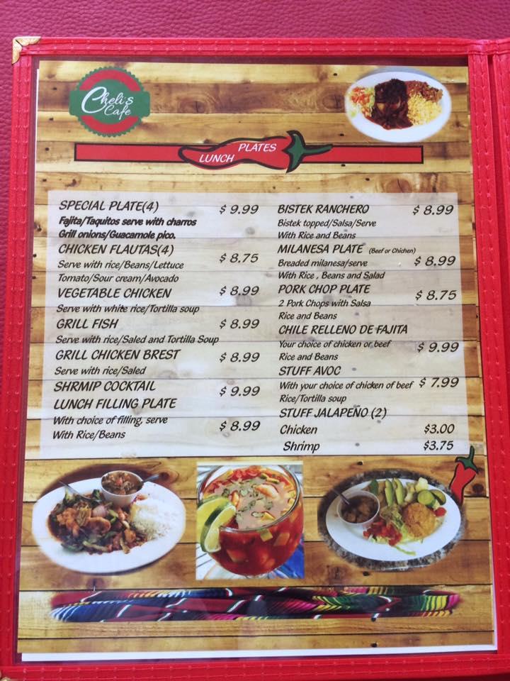 Menu at Chelis Cafe, Palacios