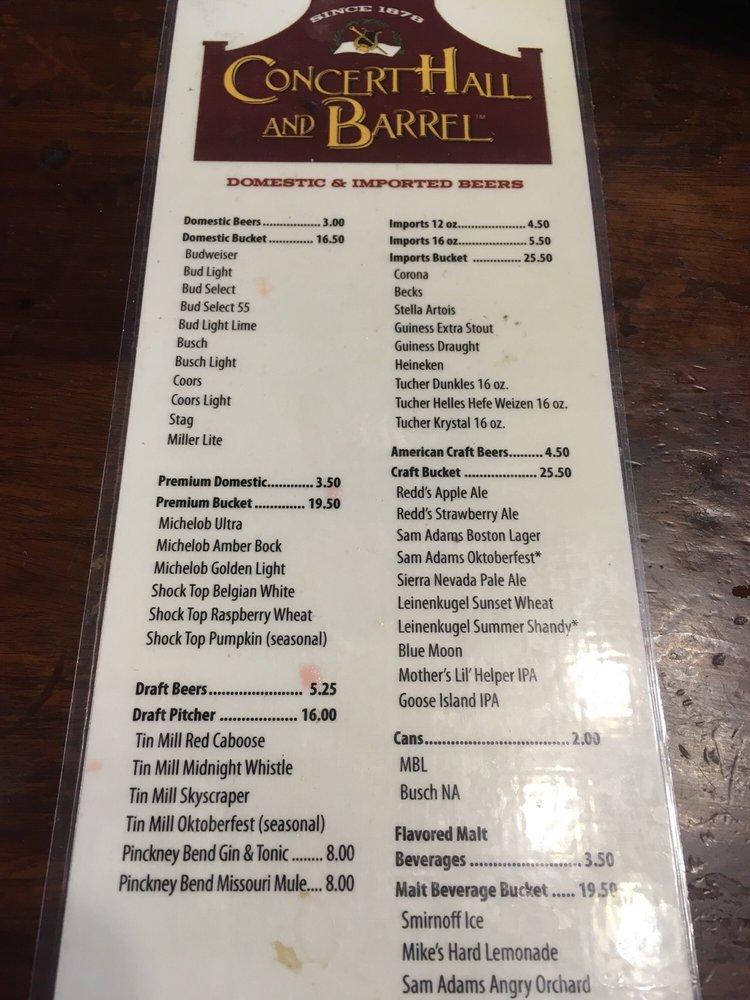 Menu at Concert Hall and Barrel Tavern, Hermann