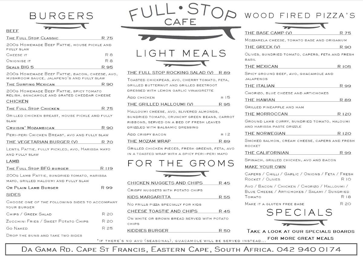 Carta de Full Stop Cafe, Cape Saint Francis