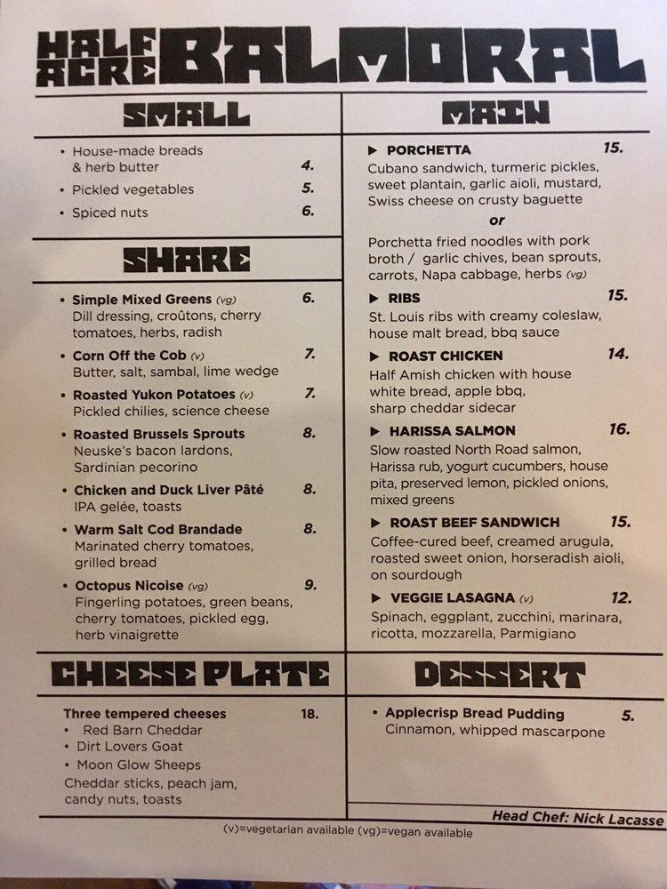 Menu at Half Acre Beer pub & bar, Chicago