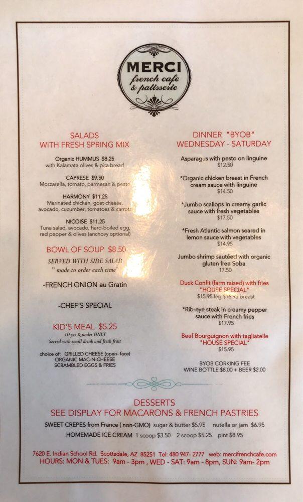 Menu at Merci French Cafe, Scottsdale